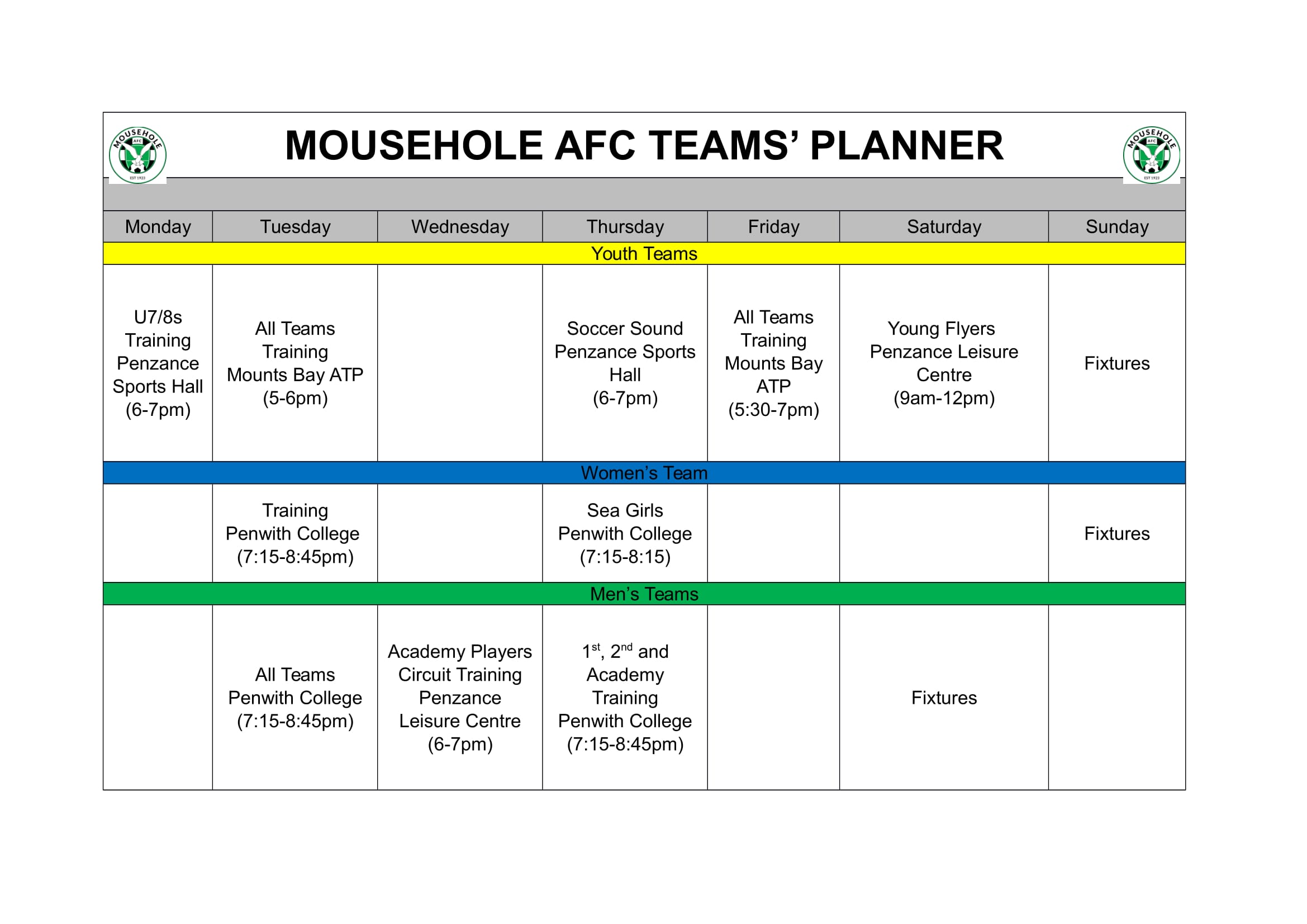 WEEKLY TEAMS PLANNER MOUSEHOLE AFC